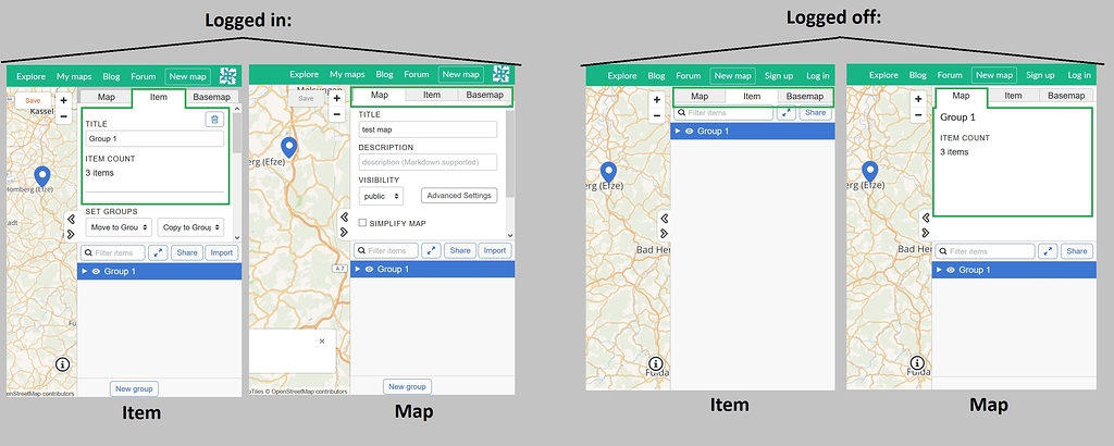 Group descriptions and the „Map/Item/Basemap“ side panel caption ...